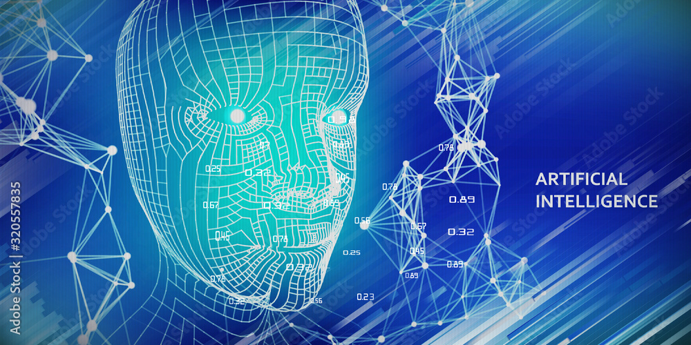 Abstract futuristic blue background. Robotic wireframe head concept ...