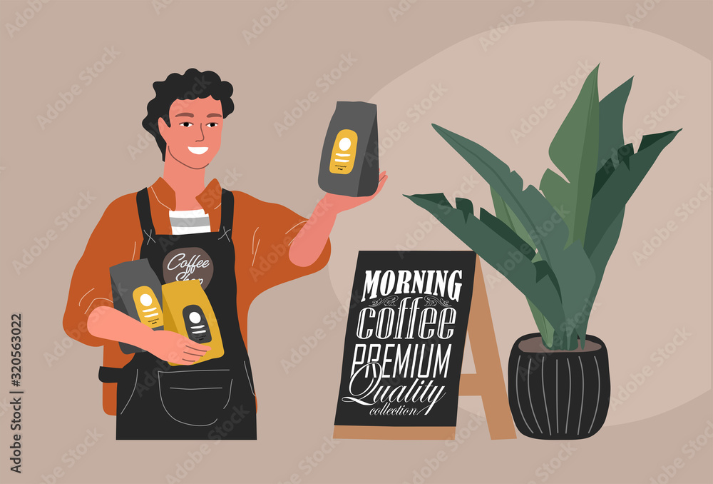 Coffee shop hand drawn collection . Cartoon man barista character ...