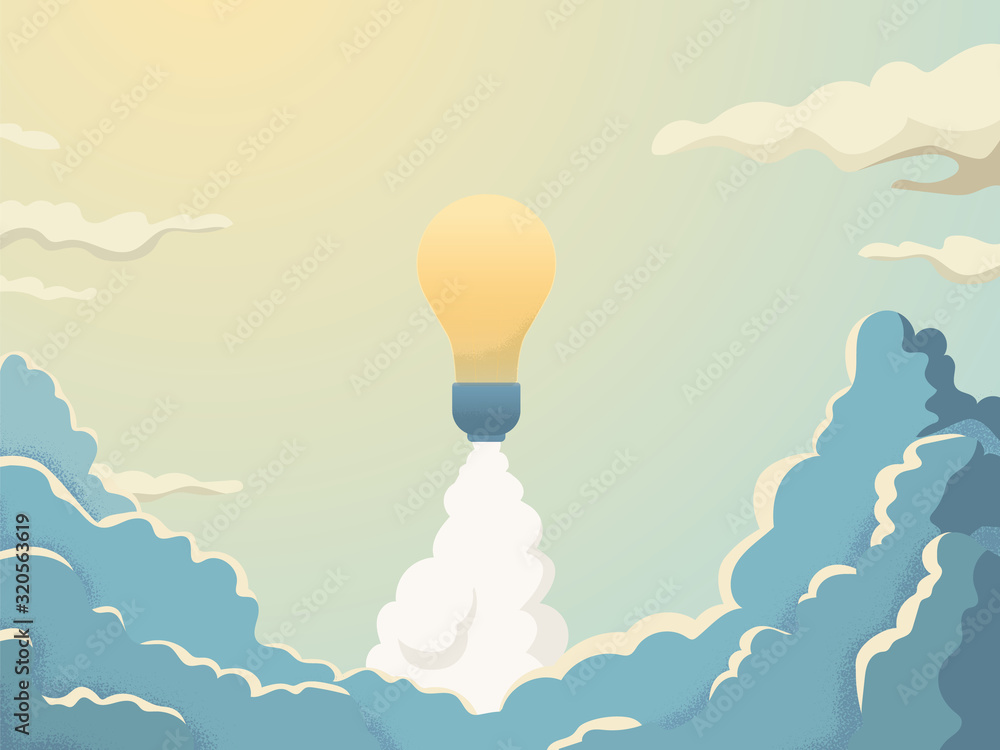 Creativity vector concept with lightbulb space rocket launch into space. Symbol of innovation ...