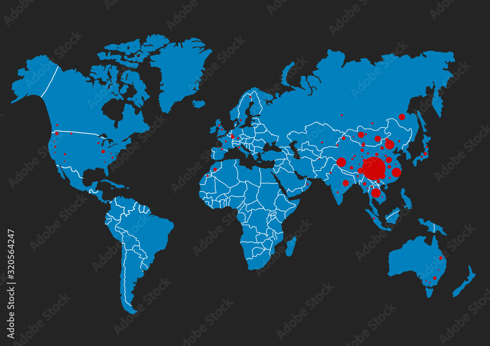 Coronavirus at Wuhan China. The red map of china on world map with dots ...