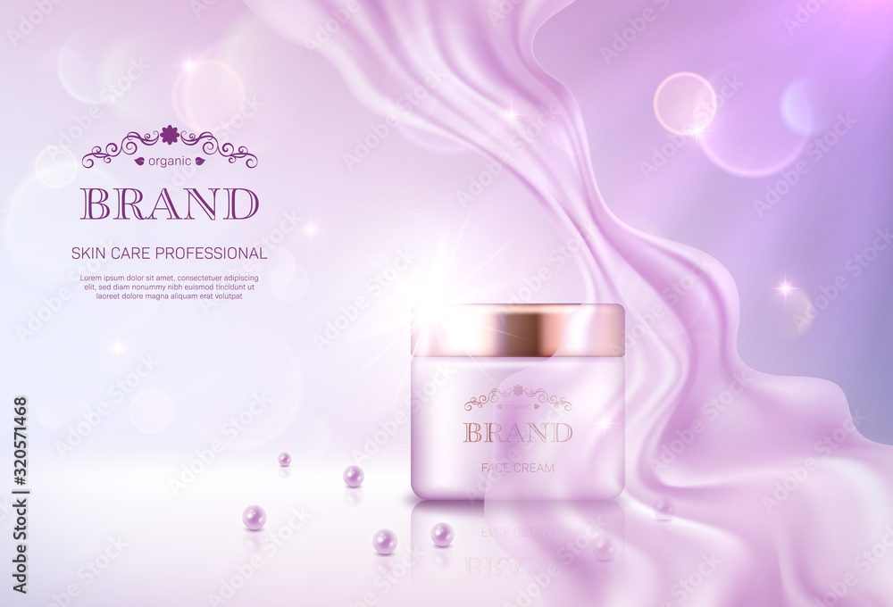 Realistic cream jar with golden lid on pink bokeh background with ...