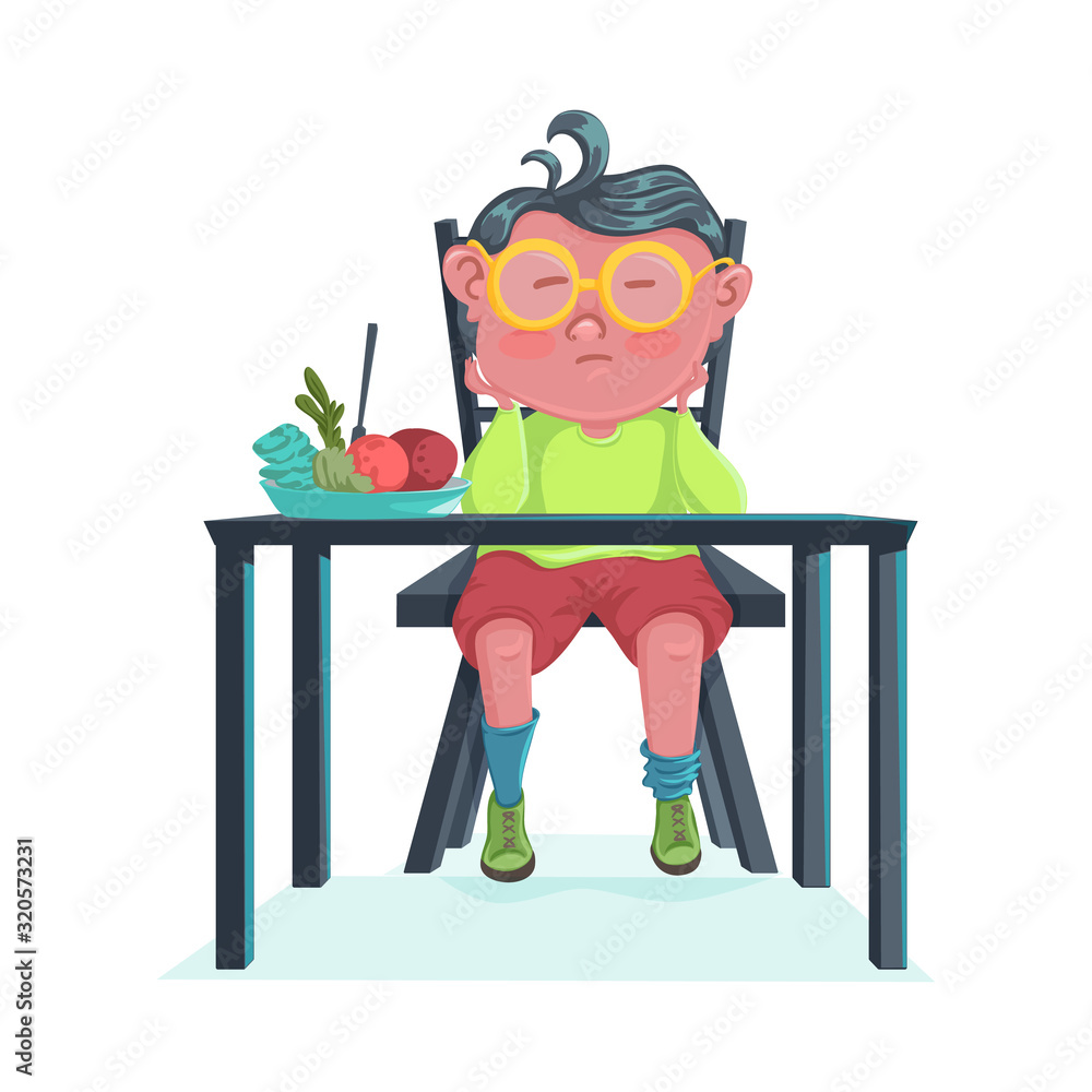 Sad boy do not want to eat meal. Cartoon character design. Child boring ...