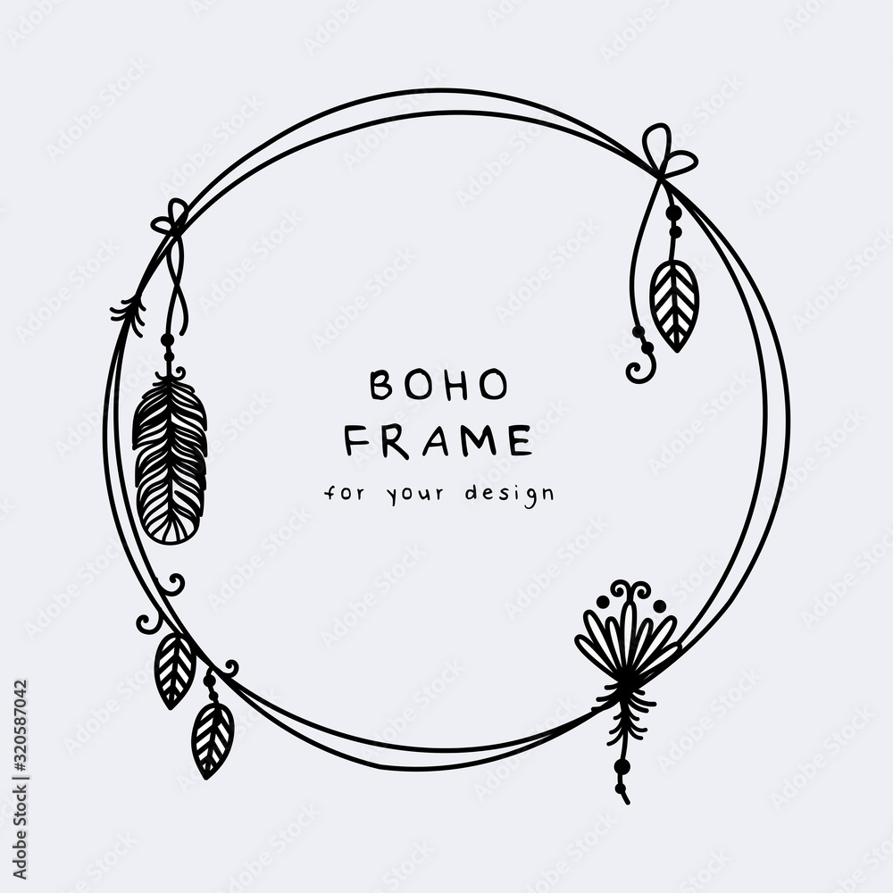Beautiful boho frame with hanging feathers and leaves vector Stock ...