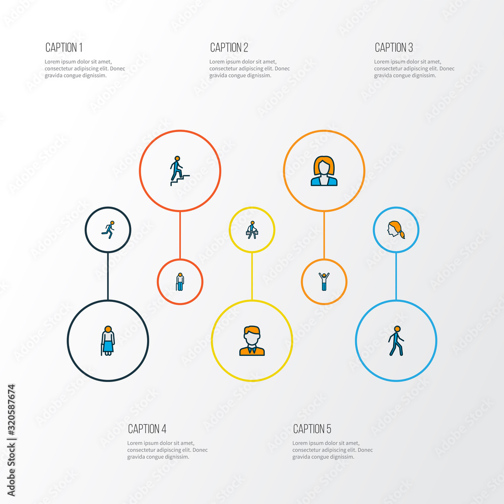 Human icons colored line set with man climbing stairs, man with bags ...