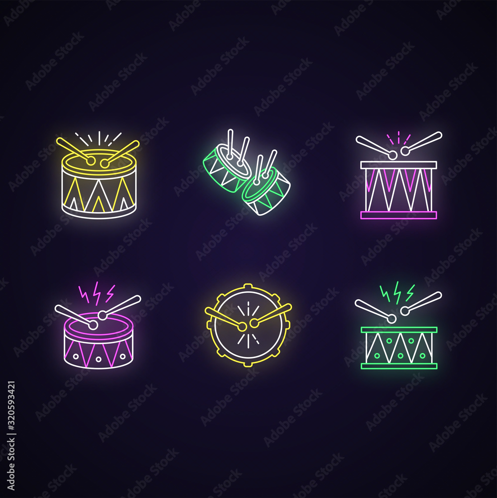 Brazilian music neon light icons set. Drums with drumsticks. Samba ...