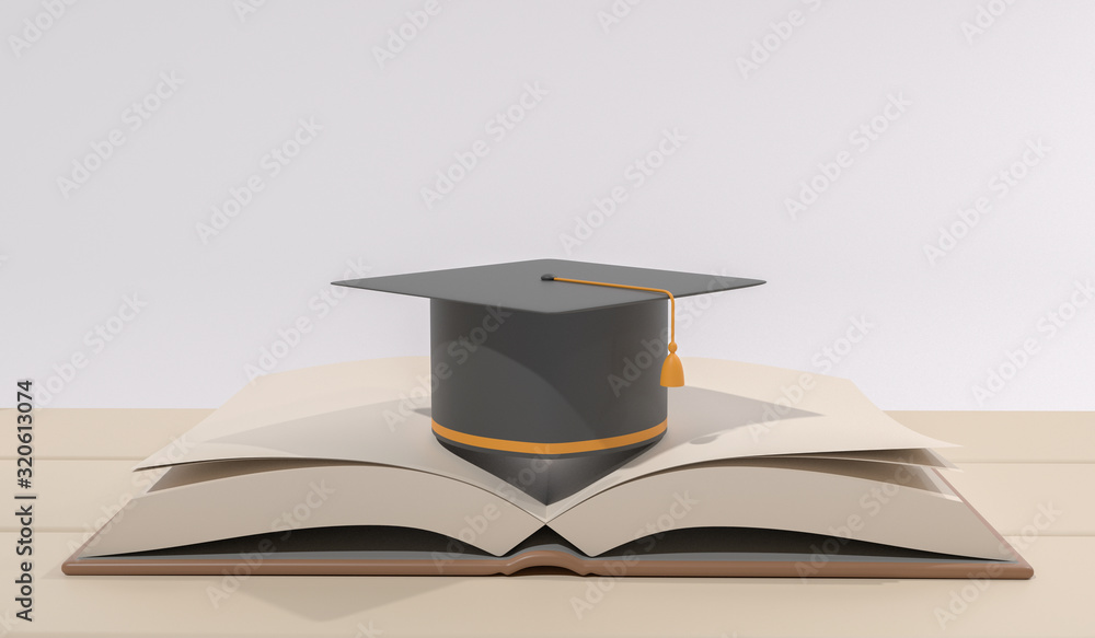 Graduation cap on open books, back to school concept 3D rendering Stock ...