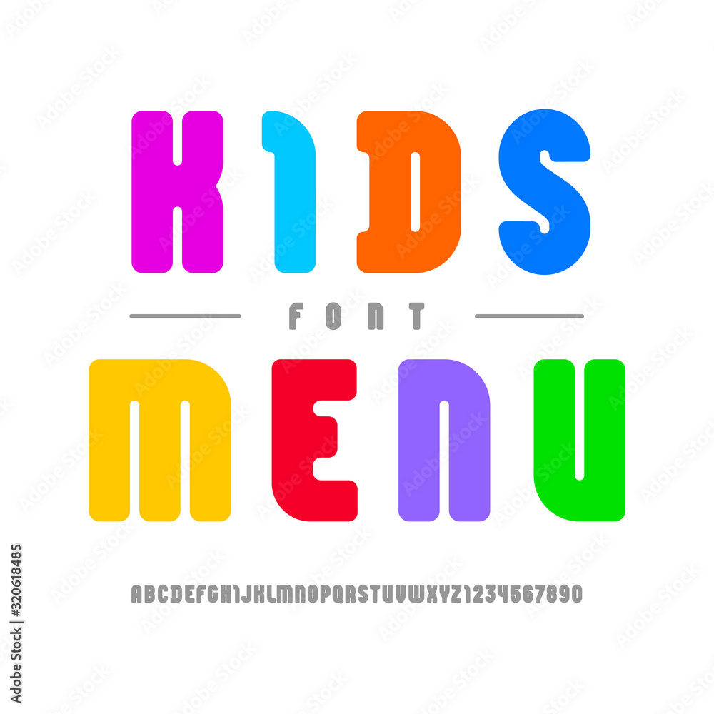 Cute bright font, alphabet in the cartoon style, multicolored bright ...