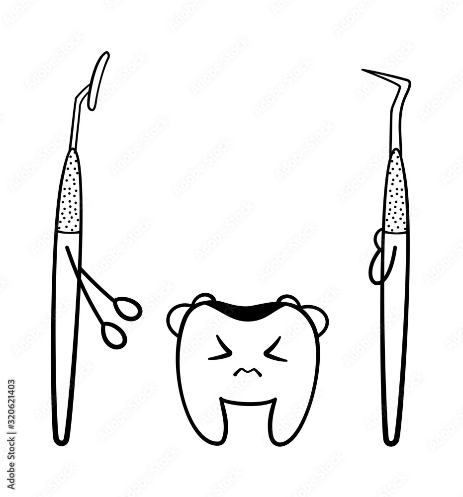 Cartoon tooth with caries. dental probe and mouth mirror in black lines ...