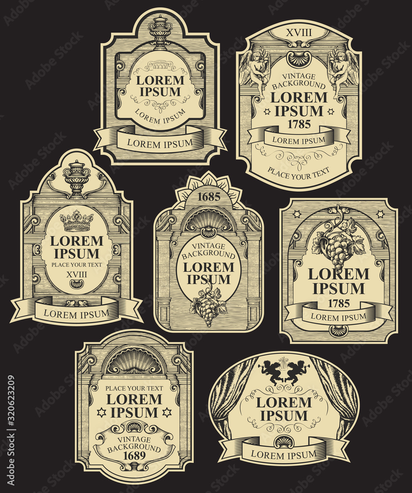 Vector set of ornate hand-drawn labels on the black background ...