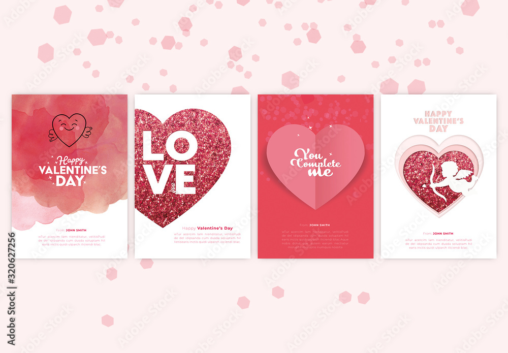 Valentine's Day Card Layout Set with Pink Glitter Heart Illustrations ...