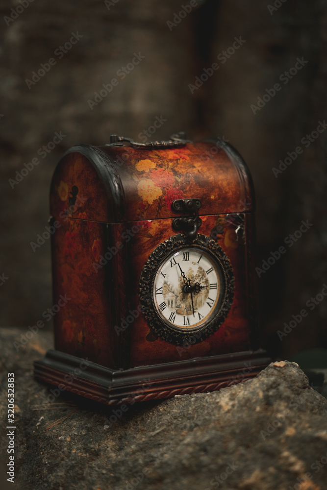 Aged antique watch in red box vintage clock with classical dial on ...