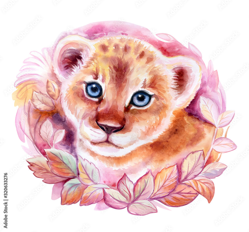 Lion baby. Portrait of a child, a baby with blue eyes with pink plants ...