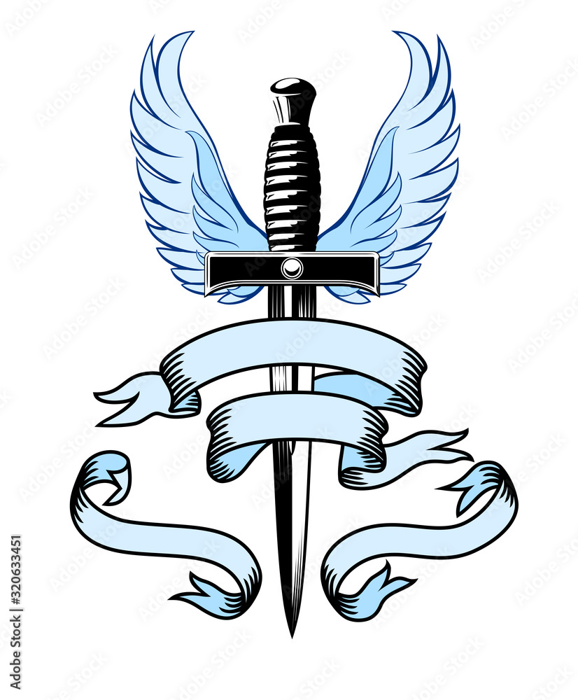 Winged Dagger, with Banner illustration of a dagger with blue wings on ...