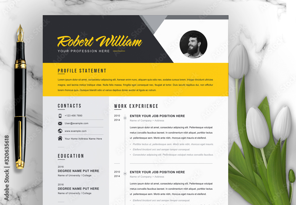 Resume Layout with Dark Gray and Yellow Header and Gray Sidebar Stock ...