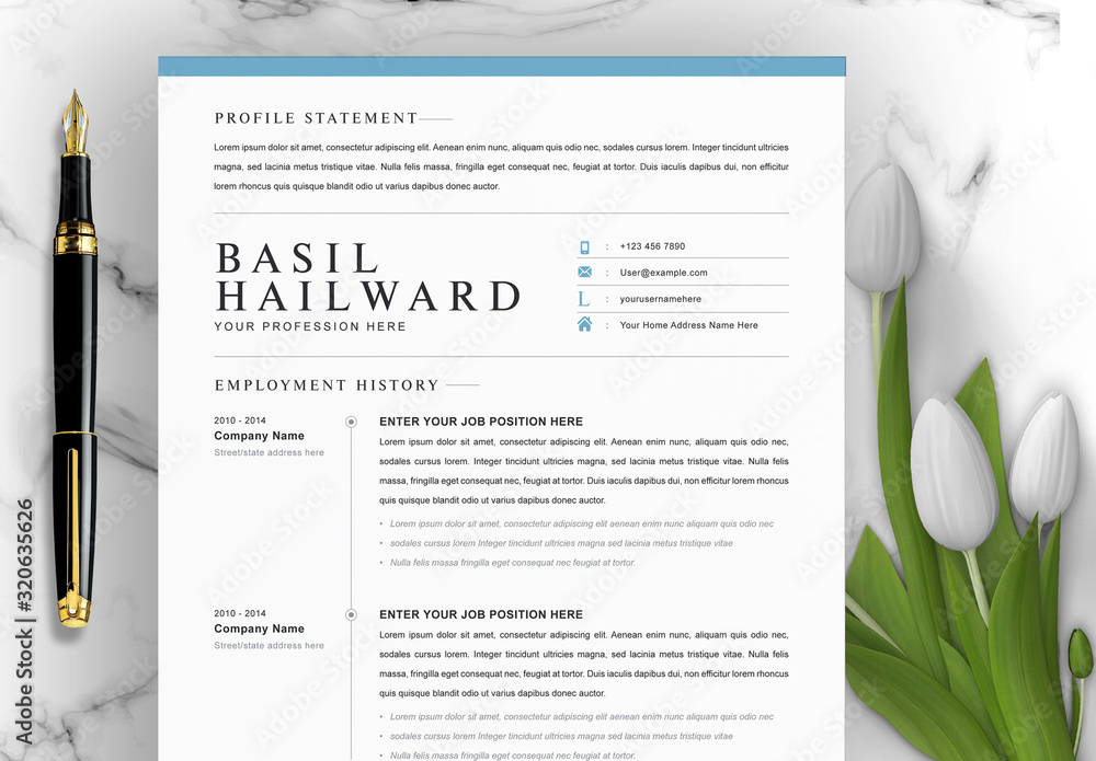 Resume Layout with Thin Blue Header Element Stock Template | Adobe Stock