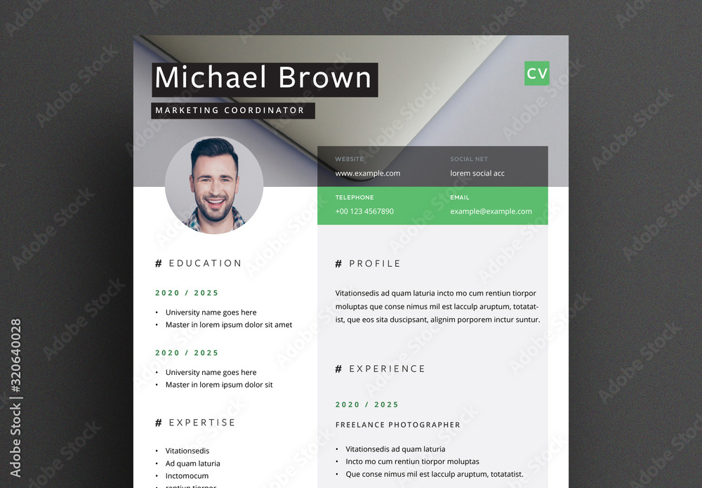 Resume Layout with Green Accents and Photo Placeholder Header Stock ...