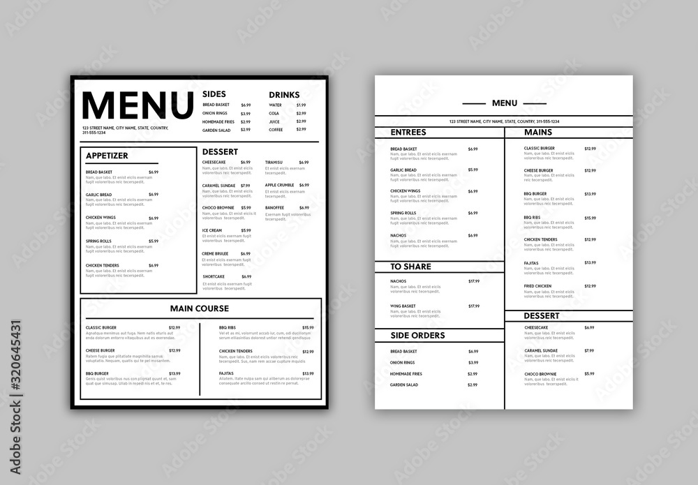 Menu Layout with Black Border Stock Template | Adobe Stock