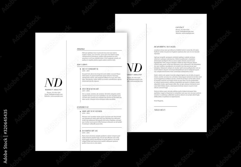 Black and White Resume Layout with Serif Monogram Element Stock ...
