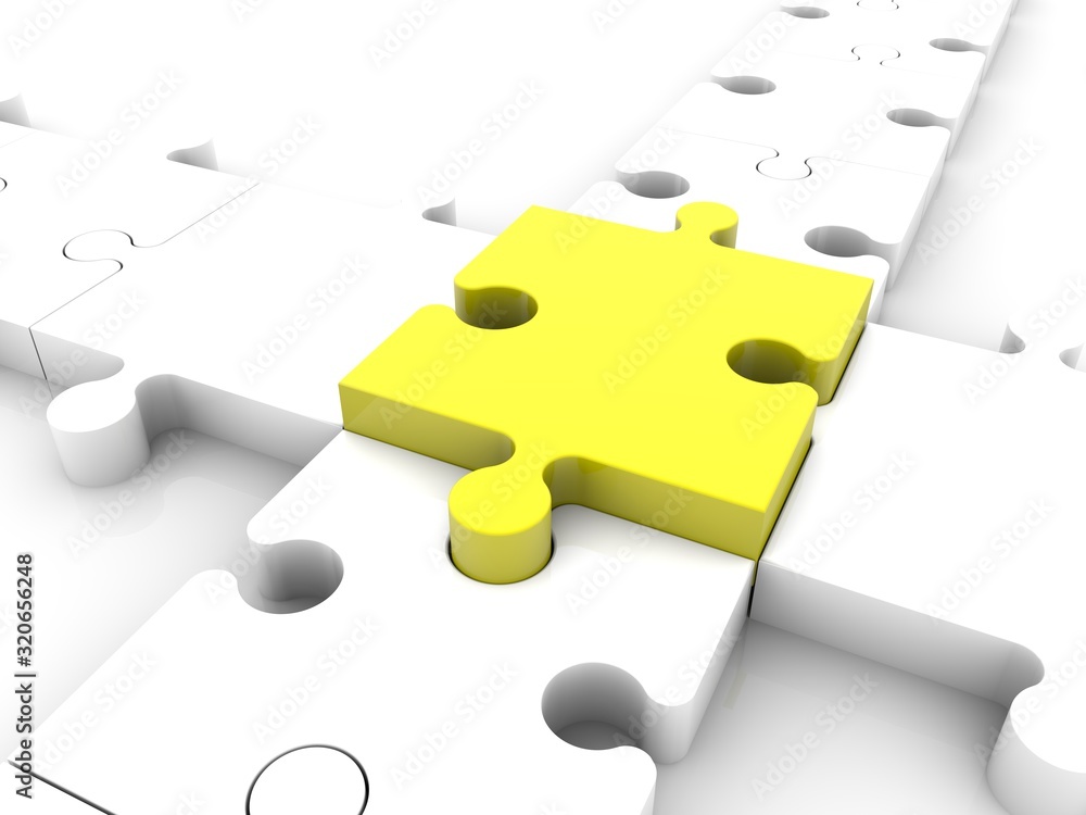 Yellow puzzle piece as the intersection of white puzzle pieces Stock ...