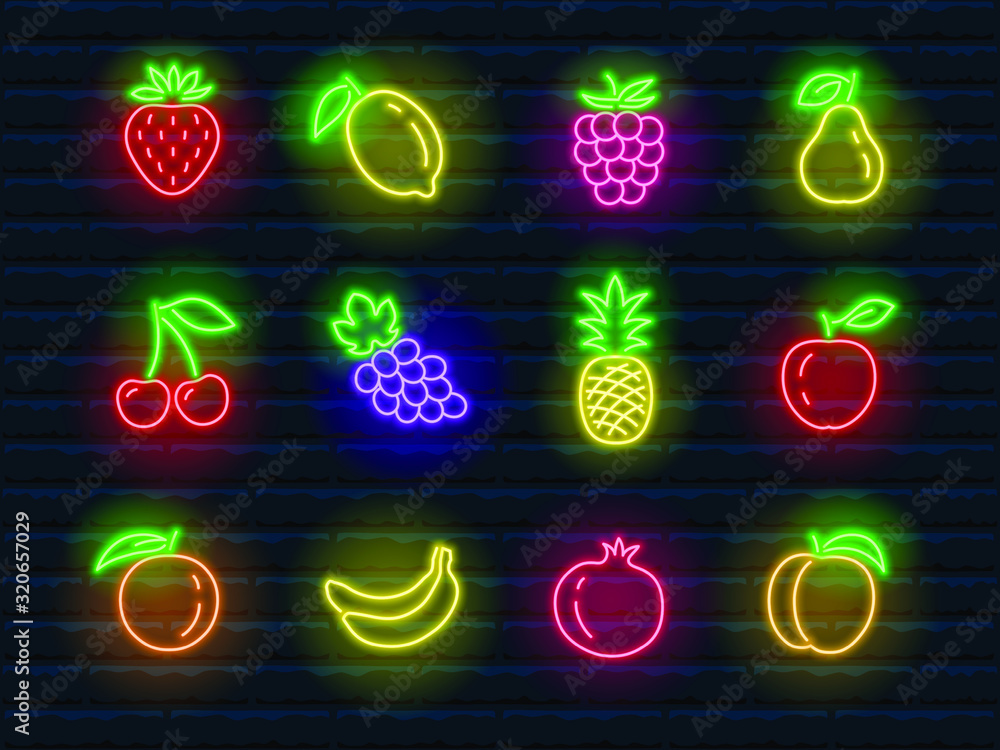 realistic glowing neon fruit icons collection Stock Vector | Adobe Stock
