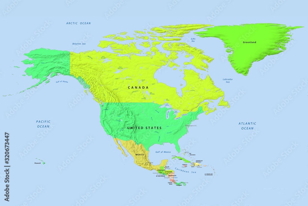 political map of north america on blue background with terrain relief ...