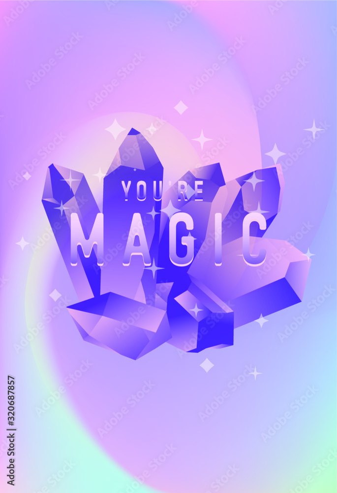 Magic crystals, opalescent minerals on holographic background ...