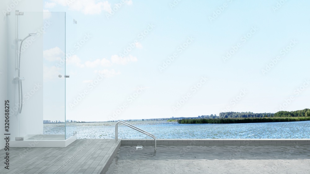 swimming pool Shower enclosure 3d rendering and nature view background ...