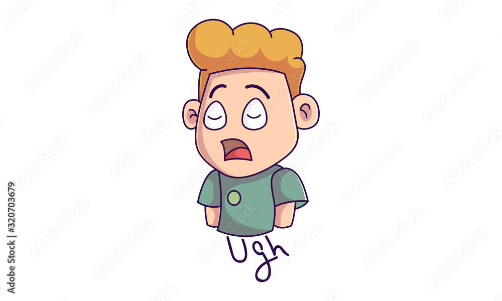 Vector cartoon illustration of the sad boy. Lettering text- ugh ...