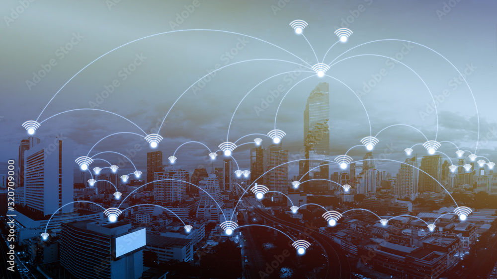 Global network coverage world map with Bangkok city background at night ...