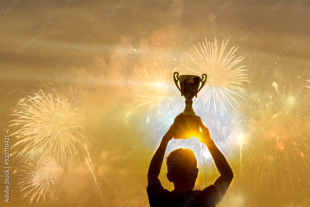 Winner win holding golden champion trophy cup prize. Silhouette best ...