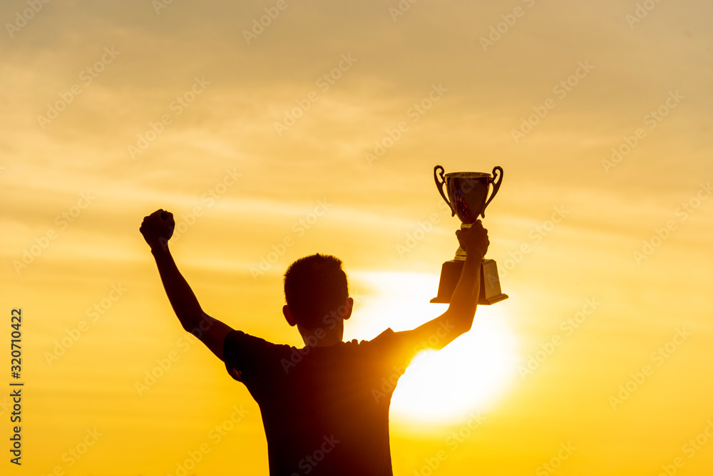 Winner win holding golden champion trophy cup prize. Silhouette best ...