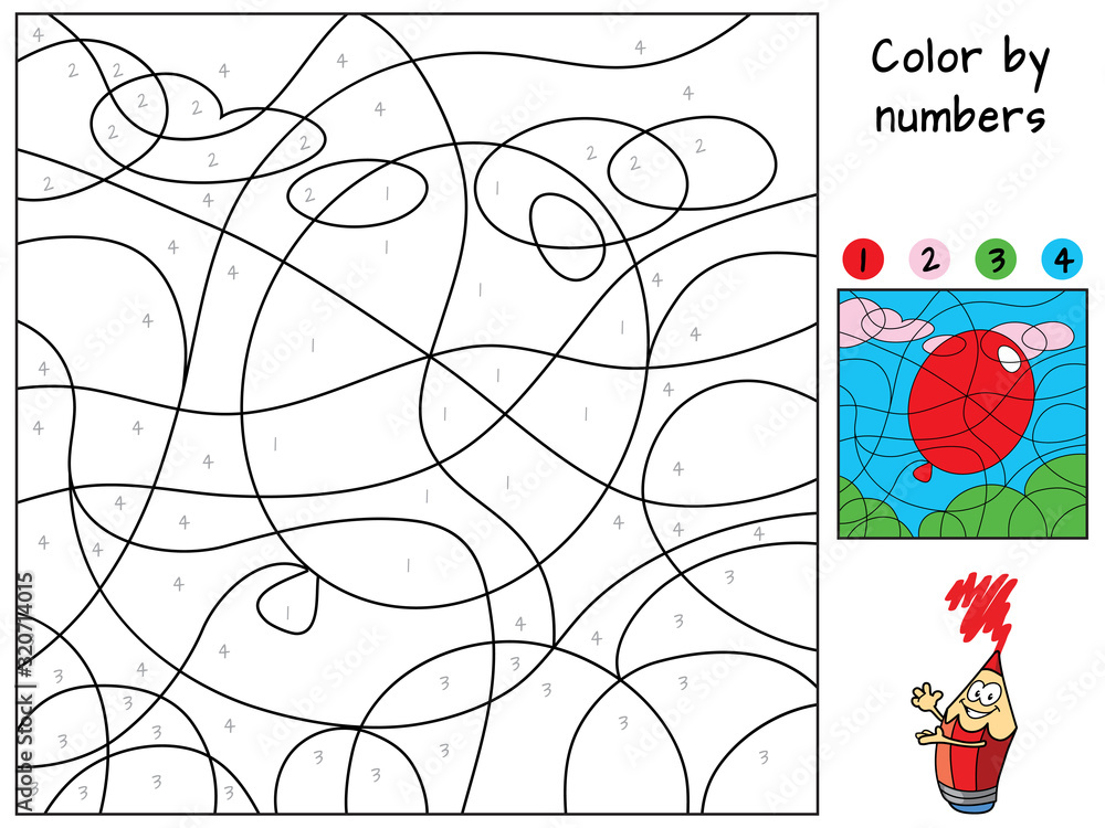 Red balloon flying. Color by numbers. Coloring book. Educational puzzle ...