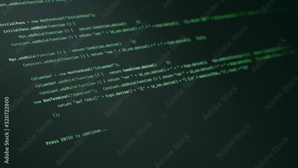 Hacker source code typing and scrolling down. Computer screen terminal. Dust and sun reflections ...