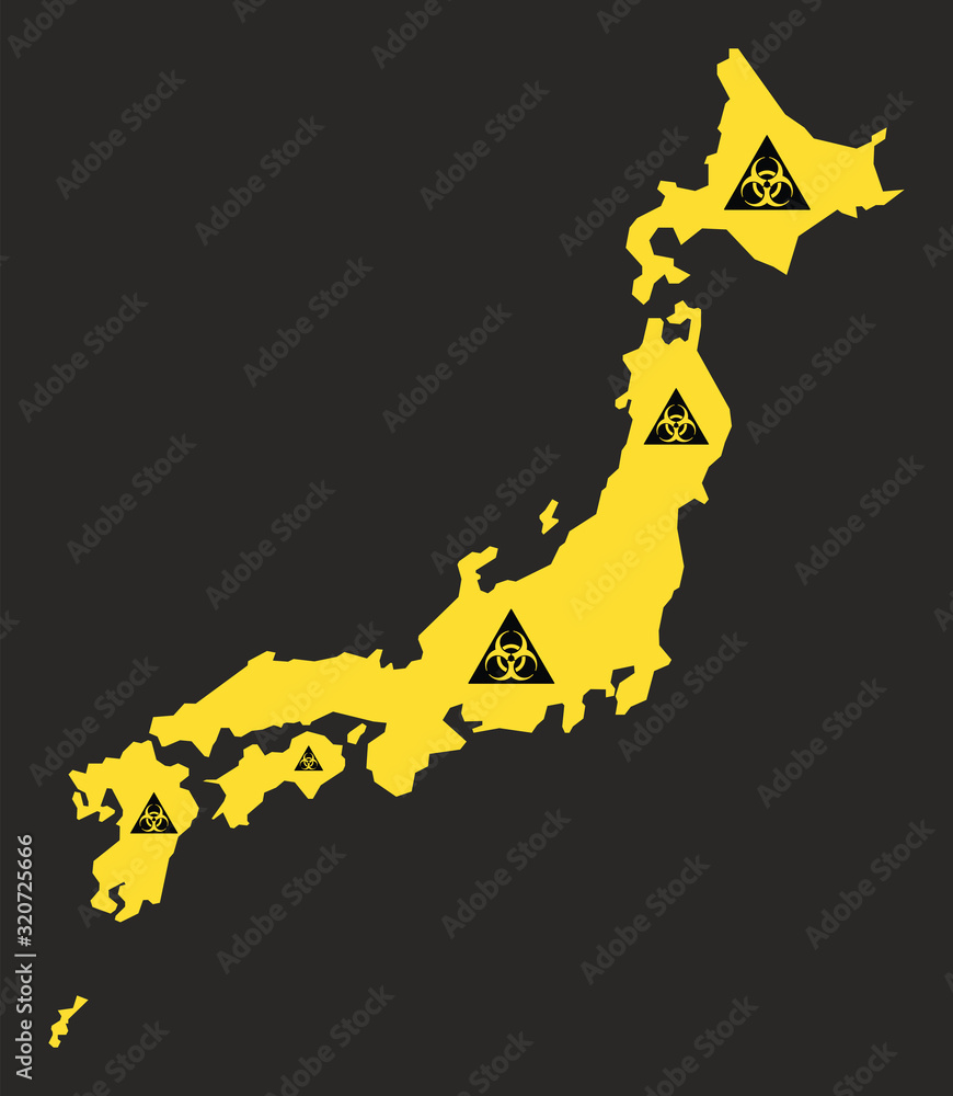 Japan map with biohazard virus sign illustration in black and yellow ...