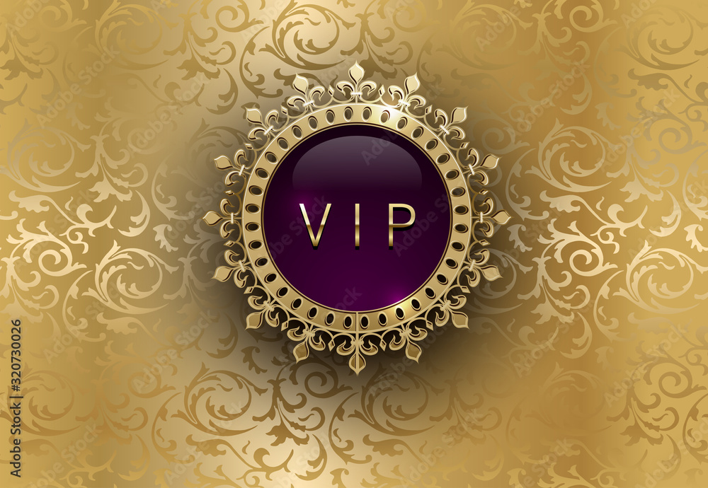 Vip purple label with round golden ring frame crown on gold floral ...