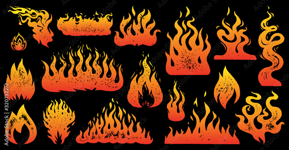 Flame and fire Set in vintage style. Hand drawn engraved monochrome ...