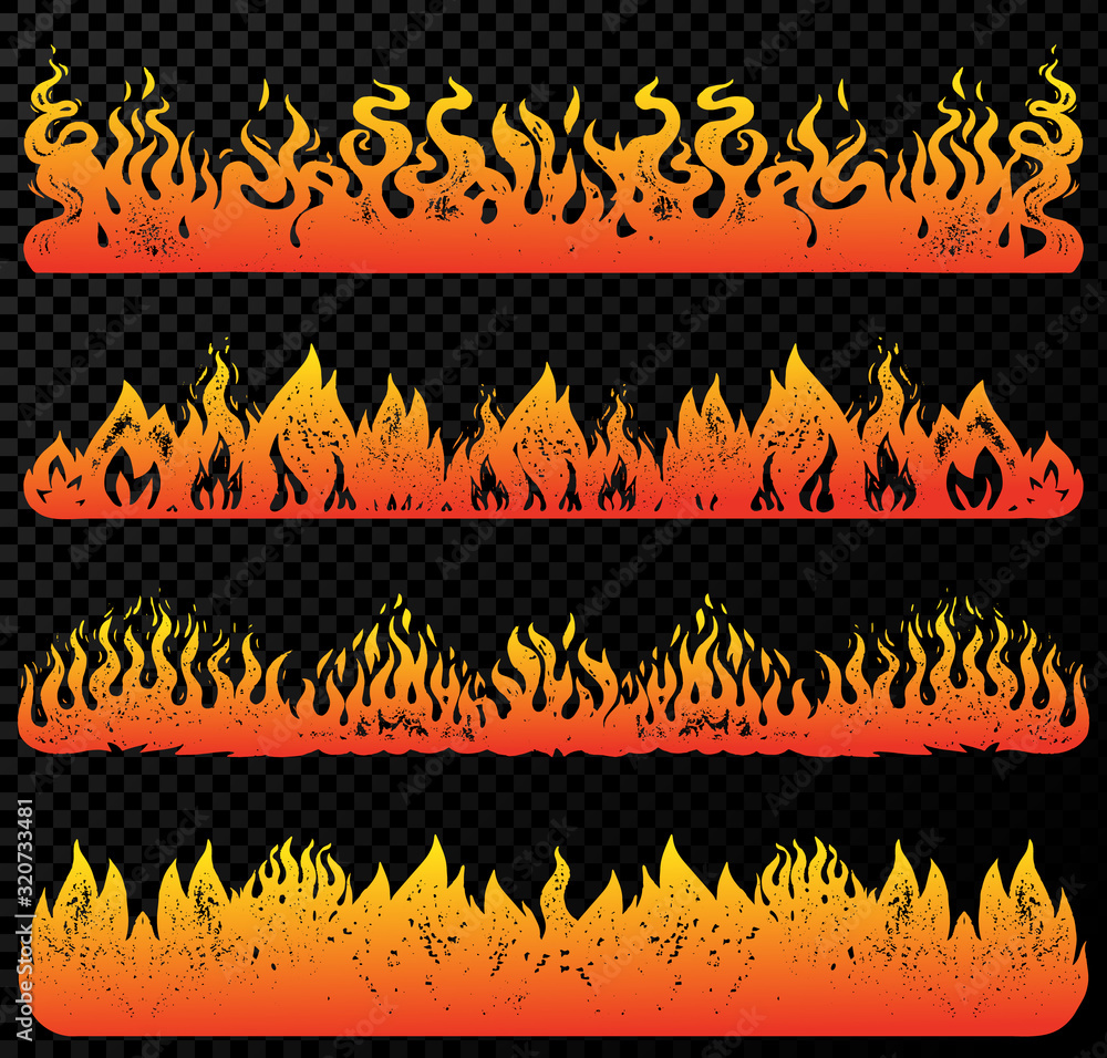 Vetor de Set of flame and fire in vintage style. Hand drawn engraved ...