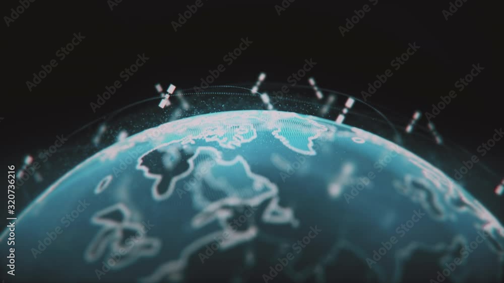 Digital azure model of part of Earth with light lines of satellites ...