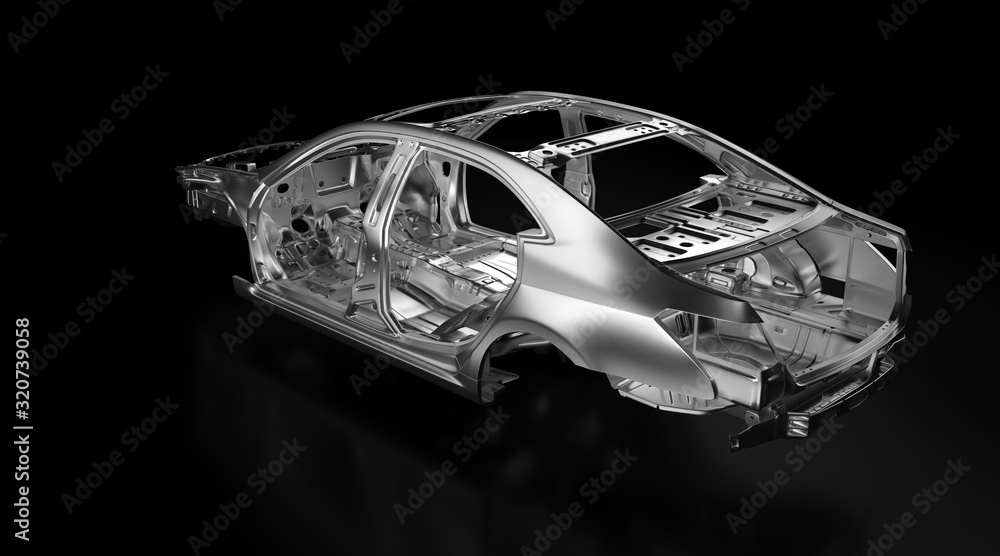 Side view of production sedan car stainless steel or aluminium body and ...