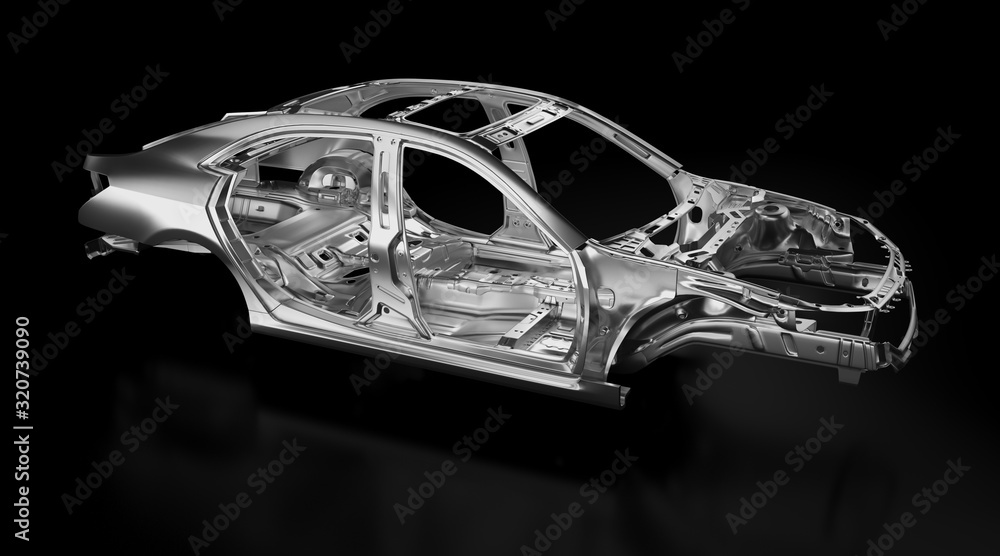 Side view of production sedan car stainless steel or aluminium body and ...