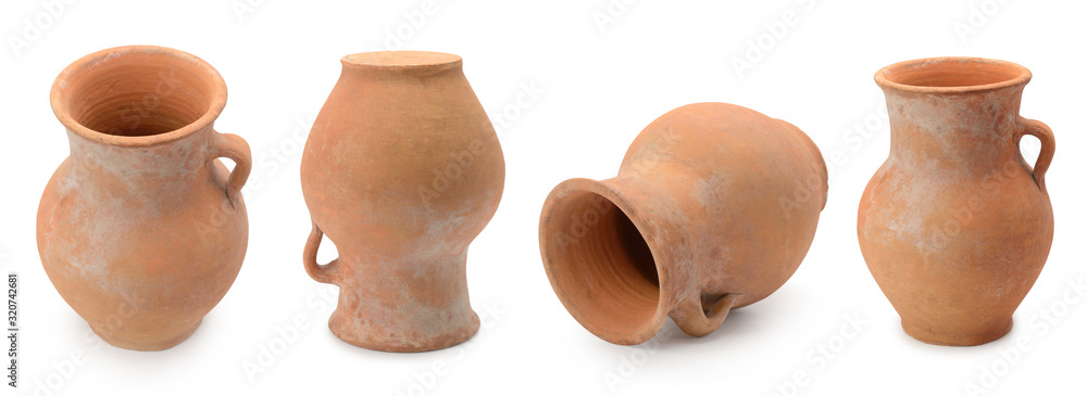 Handmade clay jugs panorama isolated on white Stock Photo | Adobe Stock