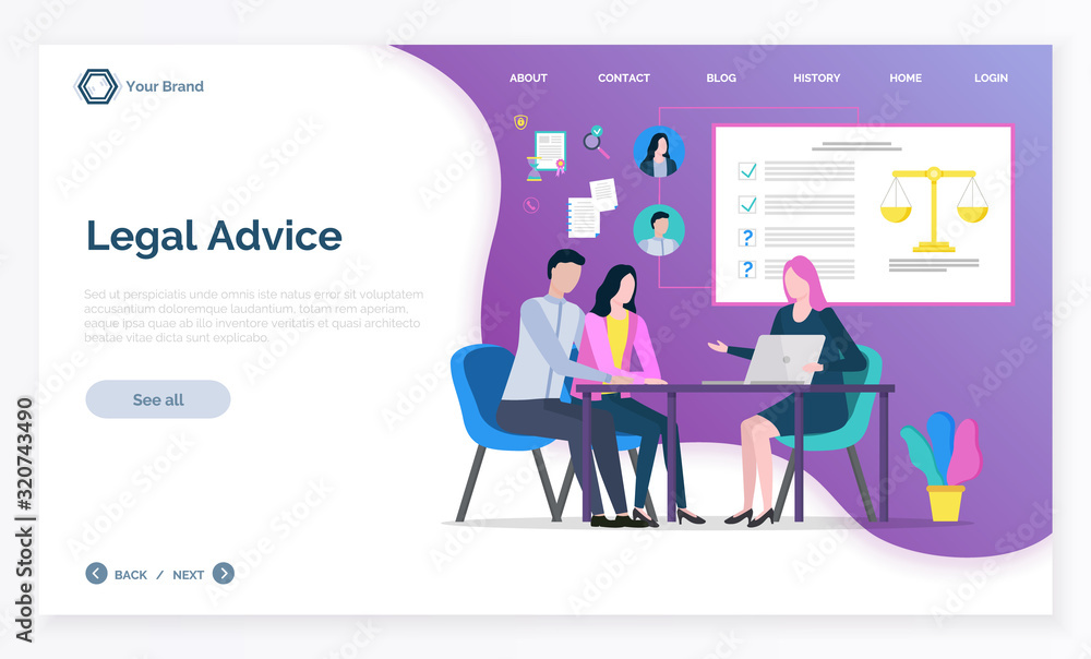 Legal advice app, adviser woman discussing with clients, justice online ...