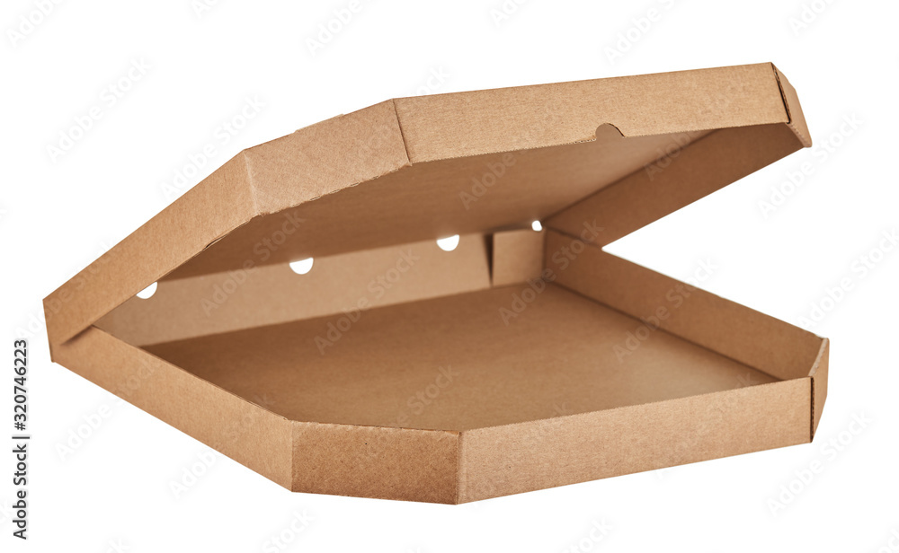 Half-open empty pizza box made of craft cardboard, isolated on a white ...