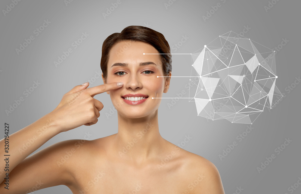 beauty, technology and science concept - smiling beautiful young woman ...