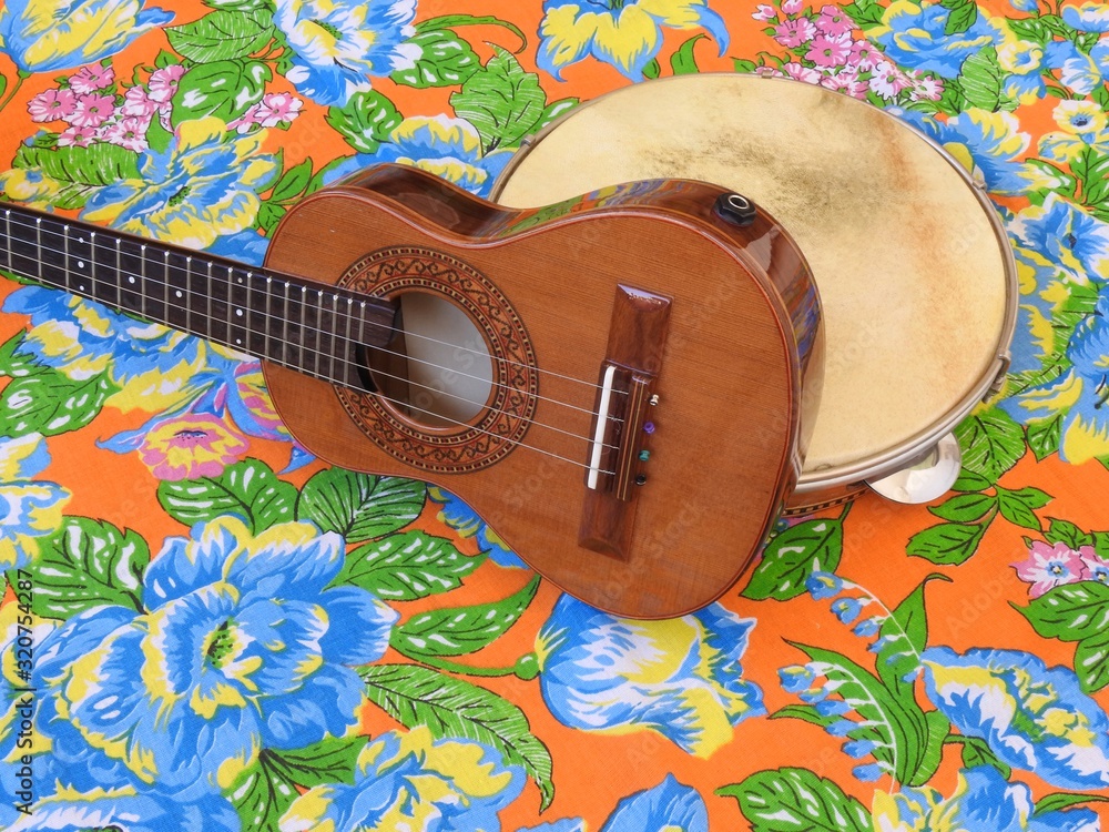Two Brazilian musical instruments: cavaquinho and pandeiro (tambourine ...
