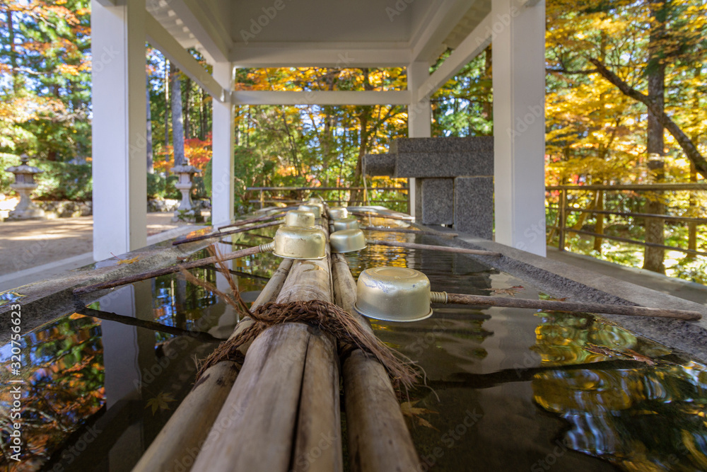 Closeup of holy spring water for cleansing ritual in Danjo Garan temple ...