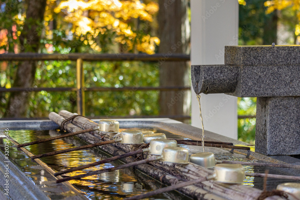 Closeup of holy spring water for cleansing ritual in Danjo Garan temple ...