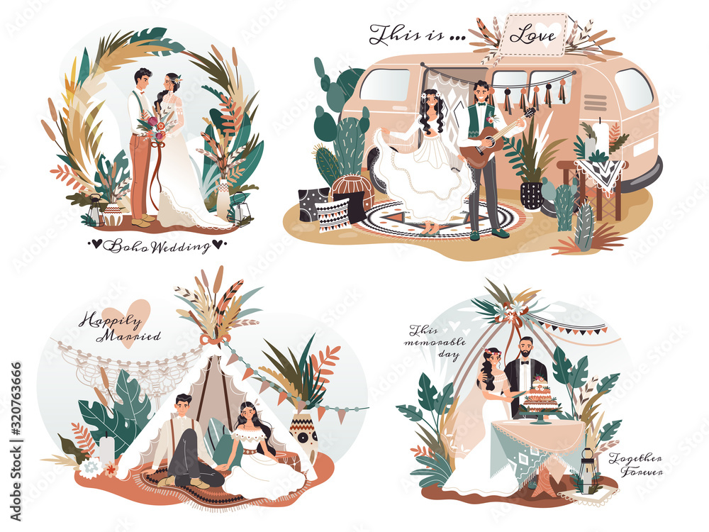 Wedding in boho style, romantic couple cartoon characters, vector ...