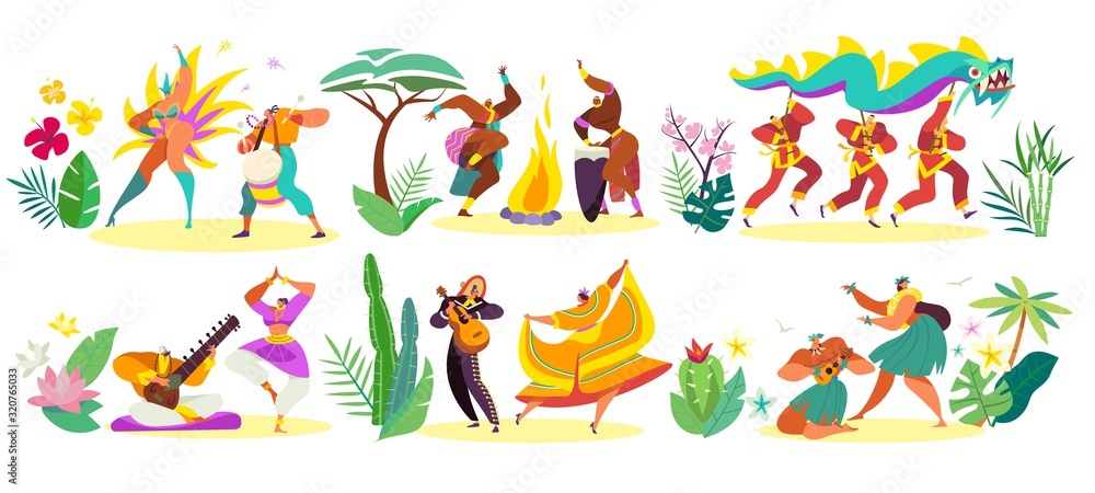 Dancers in traditional costumes of different cultures, vector ...