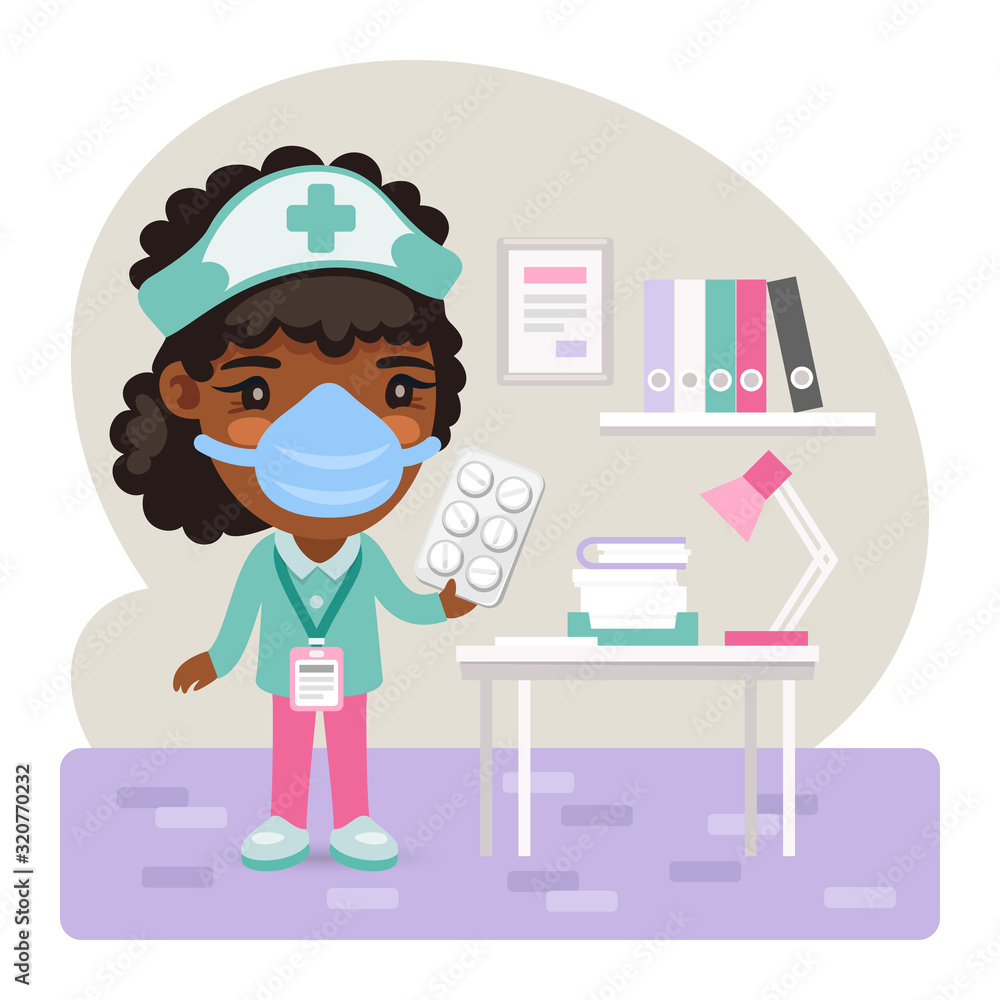 Cartoon masked nurse with pills in a clinic near the table. Composition ...
